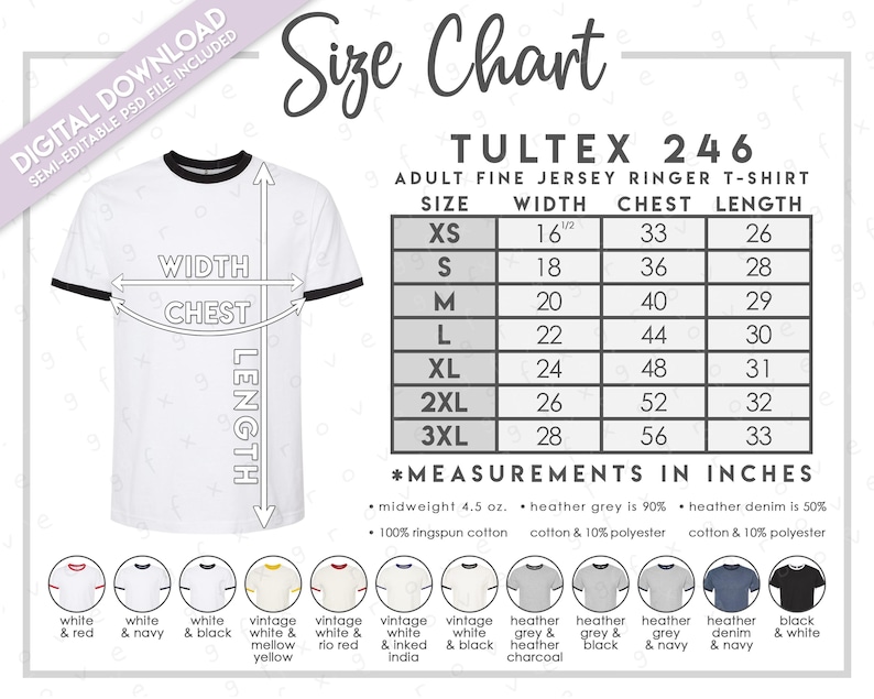 Semi-editable Tultex 246 Size Chart + Color Chart • Tultex Fine Jersey ...