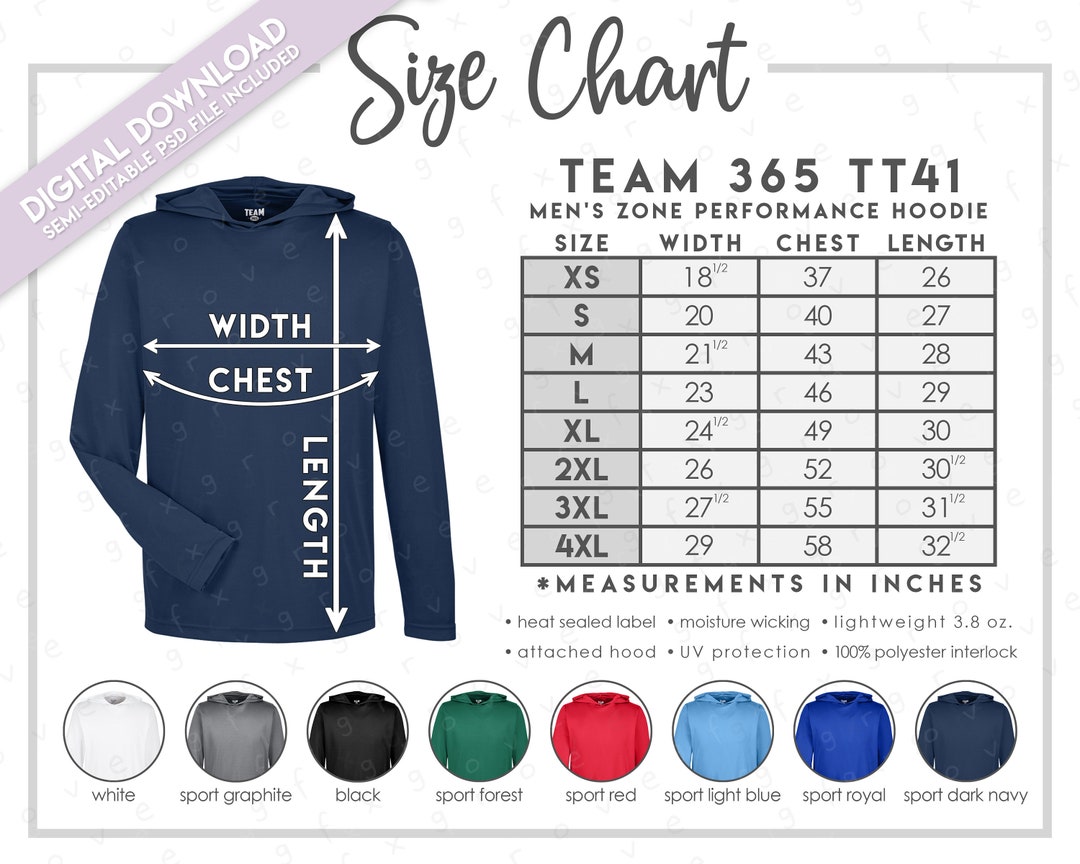 Semi-editable Team 365 TT41 Size + Color Chart • Team 365 Men's Zone ...