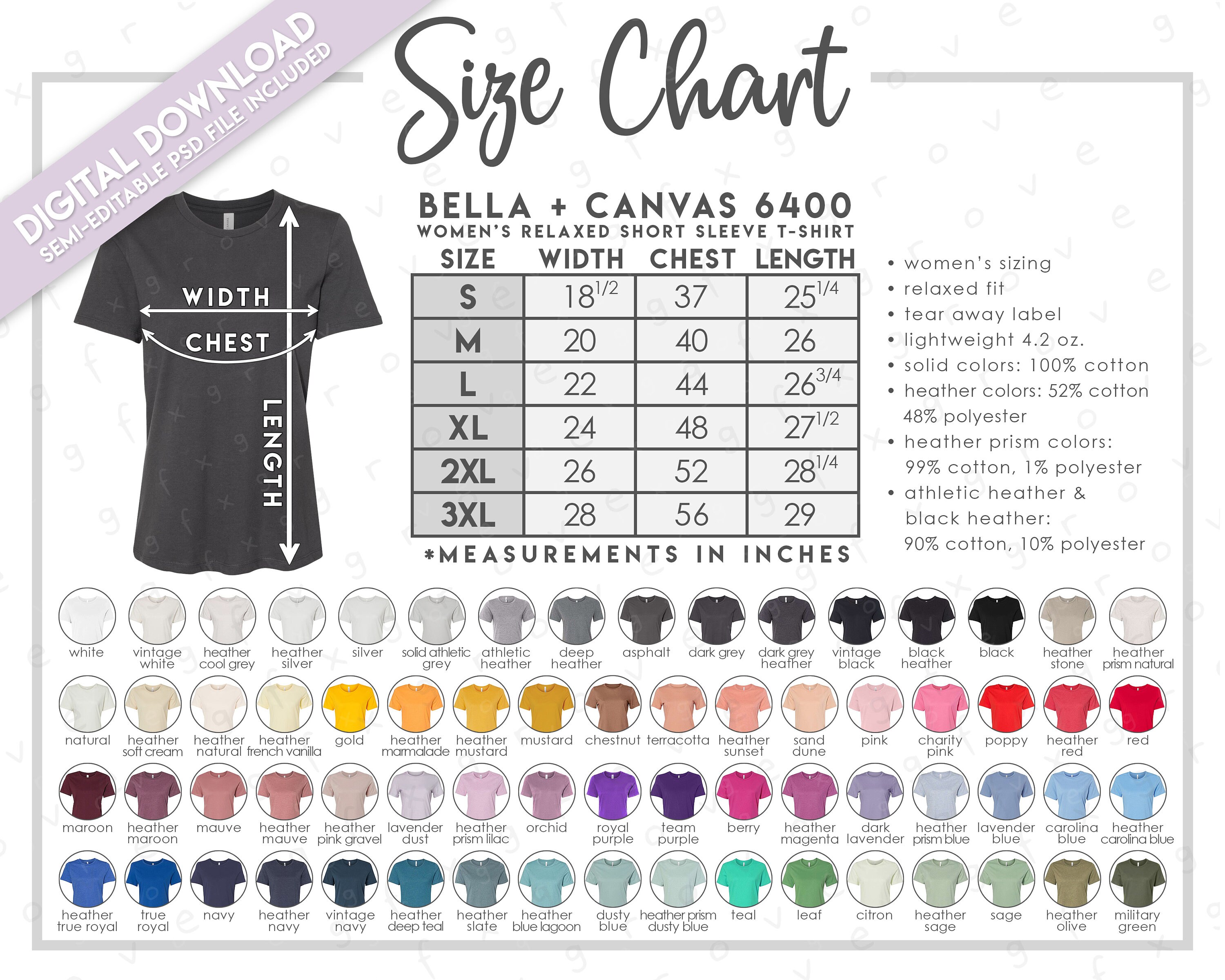 Semi-editable Bella + Canvas 6400 Size + Color Chart • Includes Solid ...