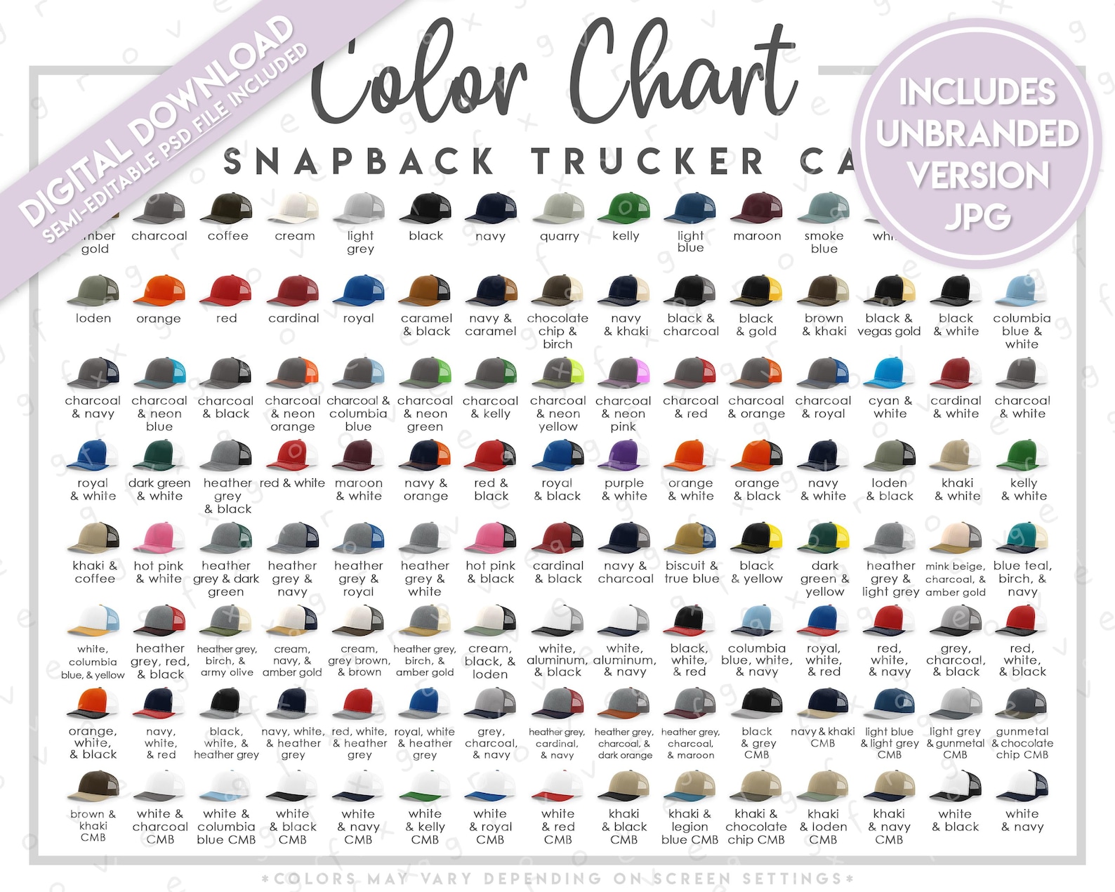 Semi-editable Richardson 112 Color Chart • Richardson Snapback Trucker ...