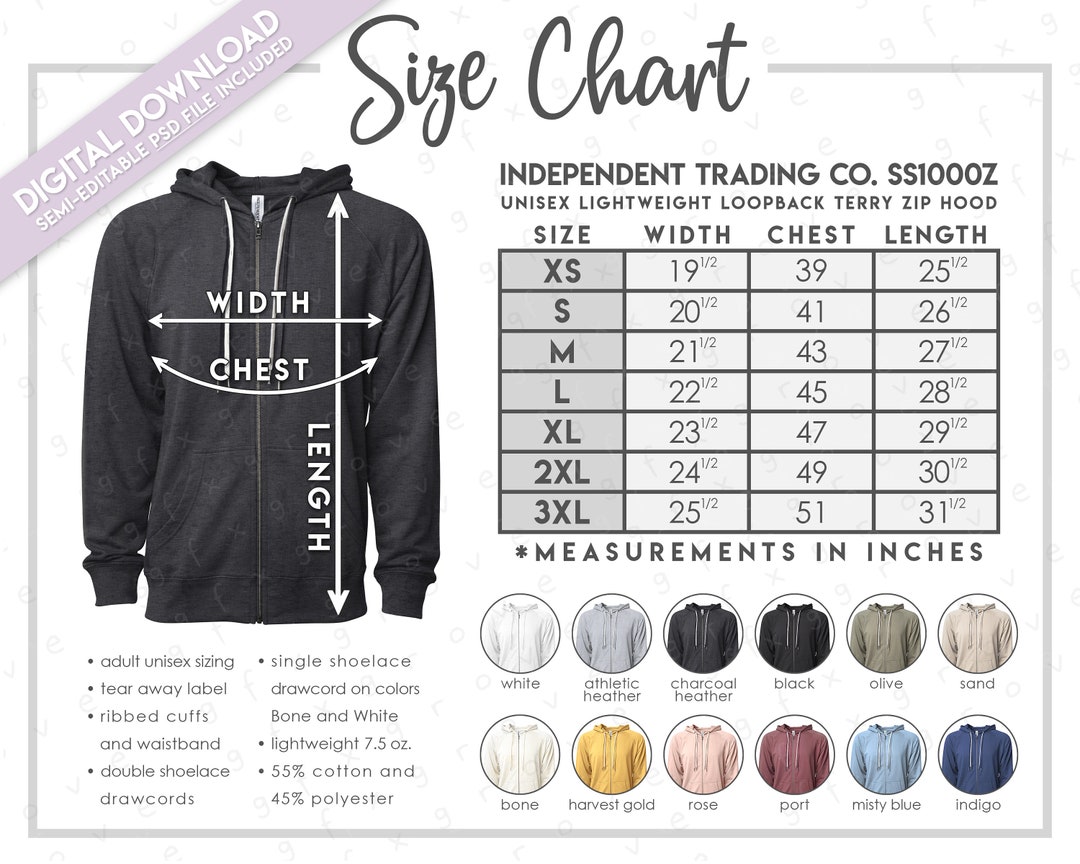 Semi-editable Independent Trading Company SS1000Z Size + Color Chart ...