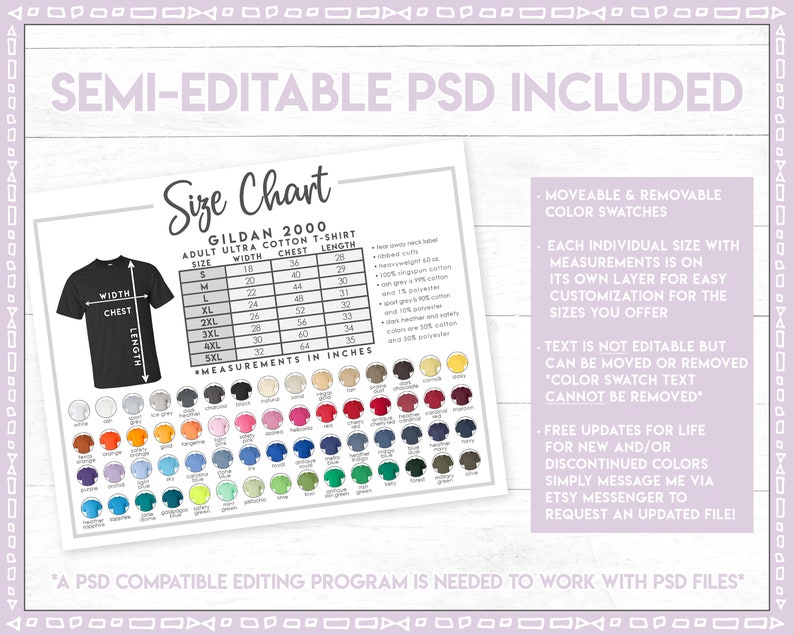 Semi-editable Gildan 2000 Size Chart + Color Chart • Gildan Ultra ...