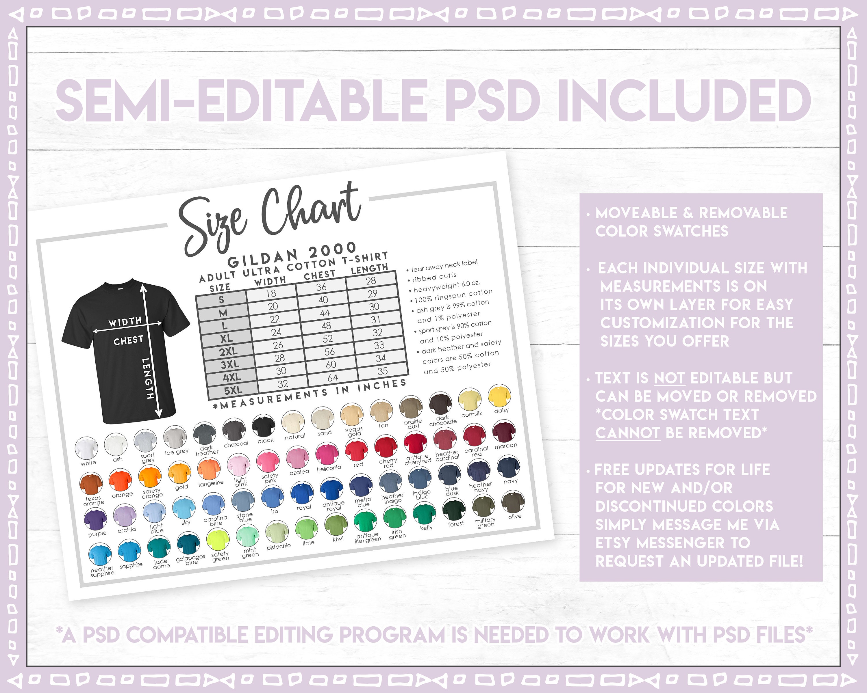 Semi-editable Gildan 2000 Size Chart + Color Chart • Gildan Ultra ...