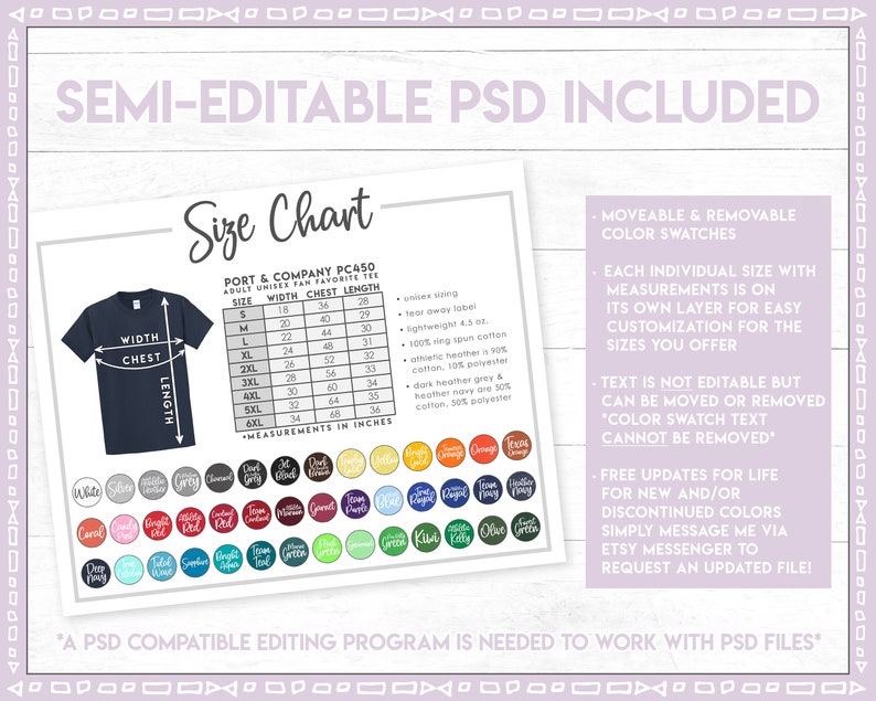 Semi-editable Port & Company PC450 Size Color Chart Adult - Etsy