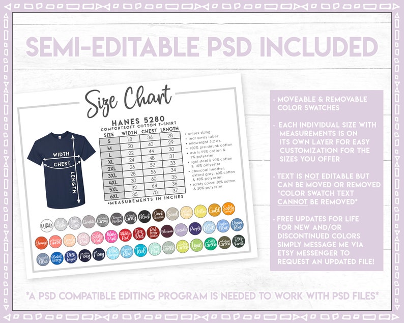 Semi-editable Hanes 5280 Size Chart Color Chart - Etsy Semi-editable Hanes 5280 Size Chart Color Chart - Etsy