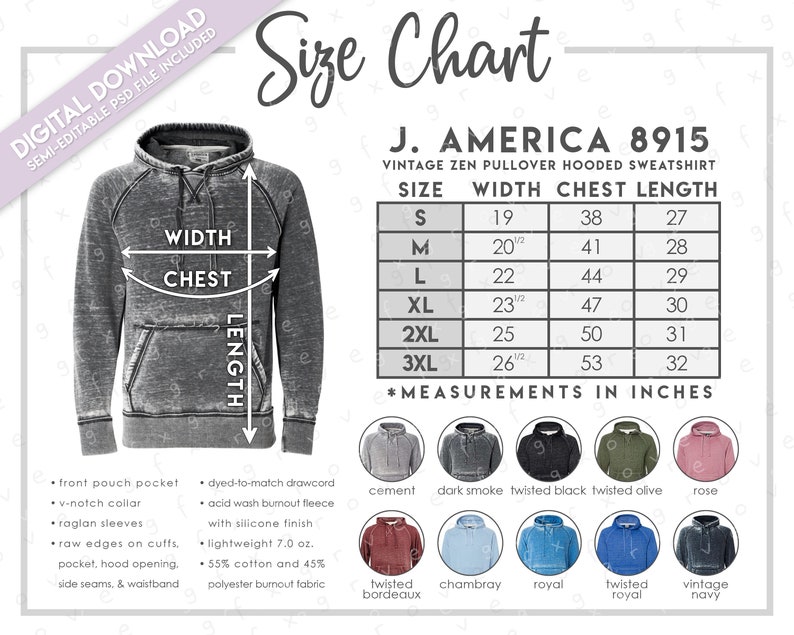 Semi-editable J. America 8915 Size Chart Color Chart J - Etsy New Zealand