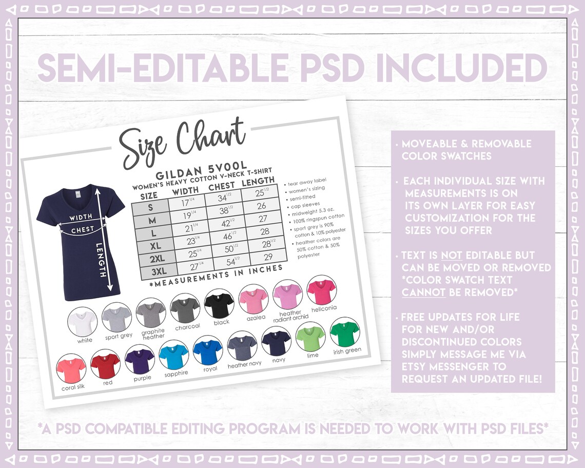 Semi-editable Gildan 5V00L Size Chart + Color Chart • Ladies V-neck T ...