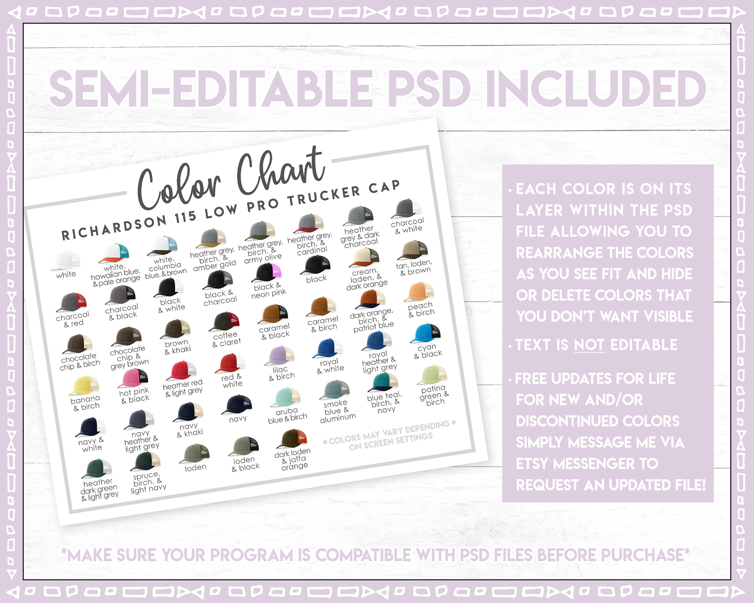 Semi-editable Richardson 115 Color Chart • Richardson Low Pro Trucker ...