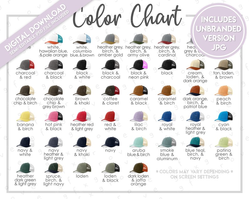 Semi-editable Richardson 115 Color Chart • Richardson Low Pro Trucker ...