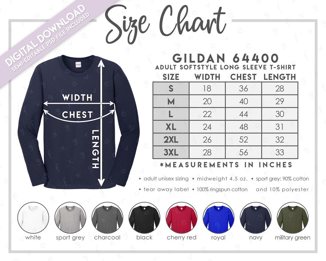 Semi-editable Gildan 64400 Size Chart + Color Chart • Gildan Softstyle ...