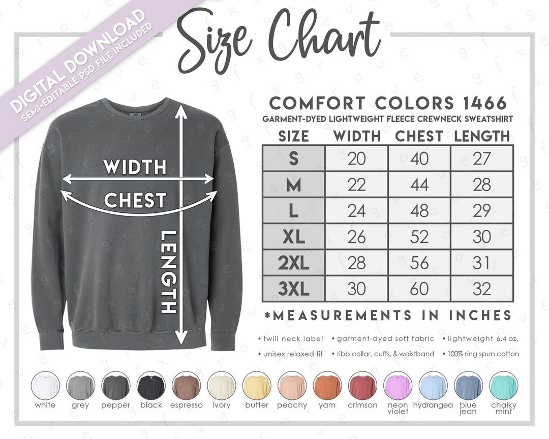 Semi-editable Comfort Colors 1466 Size + Color Chart • Comfort Colors ...