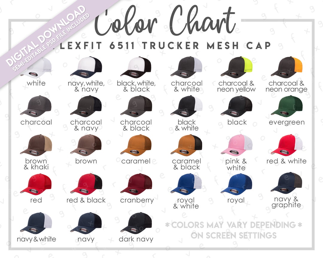 Semi-editable Flexfit 6511 Trucker Mesh Cap Color Chart • Flexfit ...