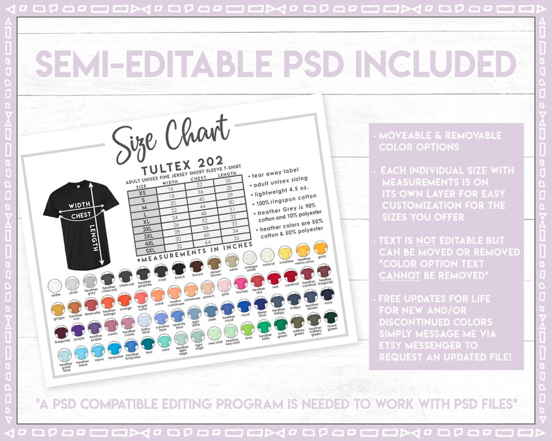 Semi-editable Tultex 202 Size + Color Chart • Tultex Unisex Fine Jersey ...
