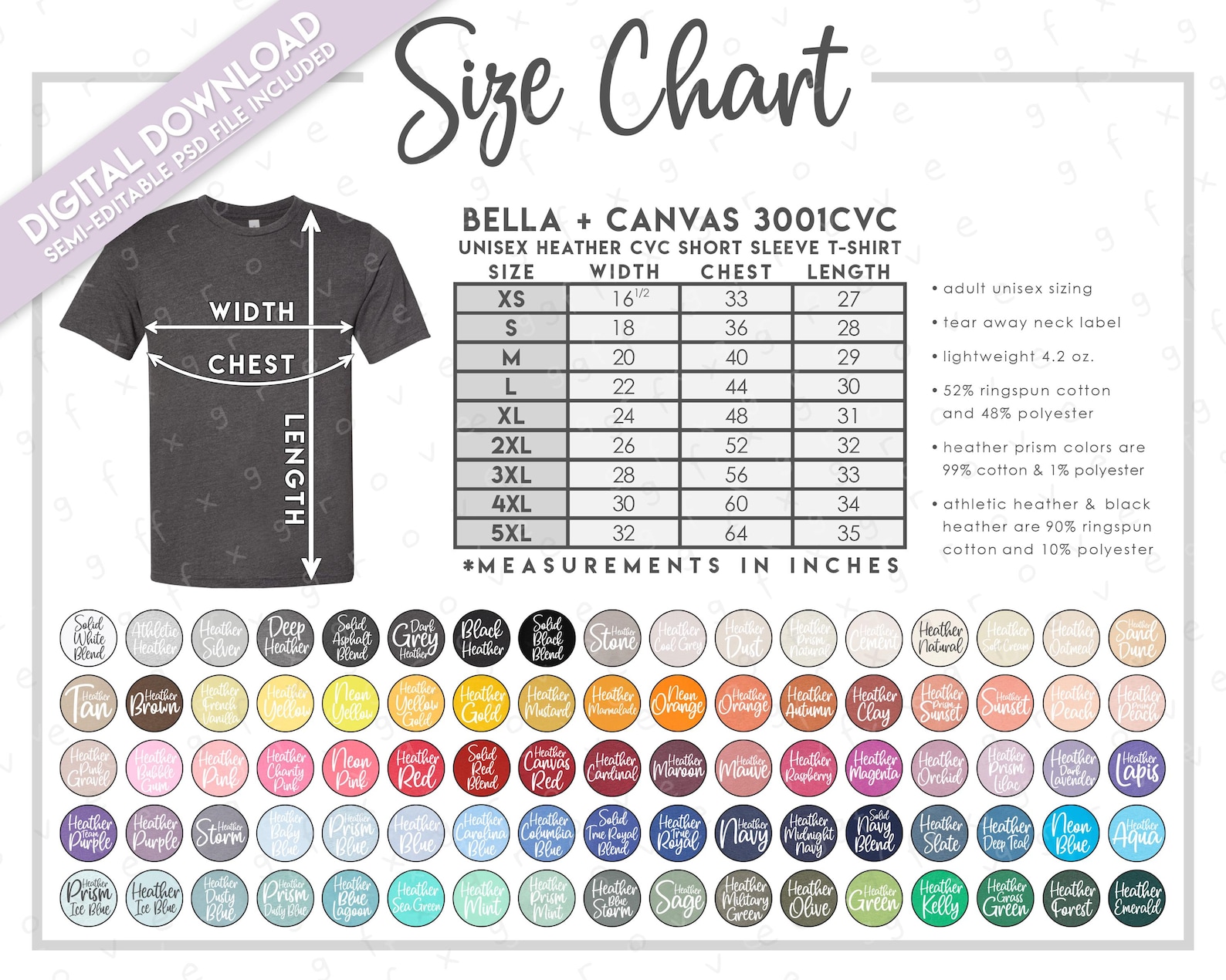 Semi-editable Bella + Canvas 3001CVC Size + Color Chart • Bella Canvas ...
