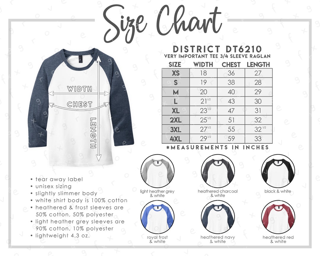 District DT6210 Size + Color Chart • District 3/4 Sleeve Raglan Size ...