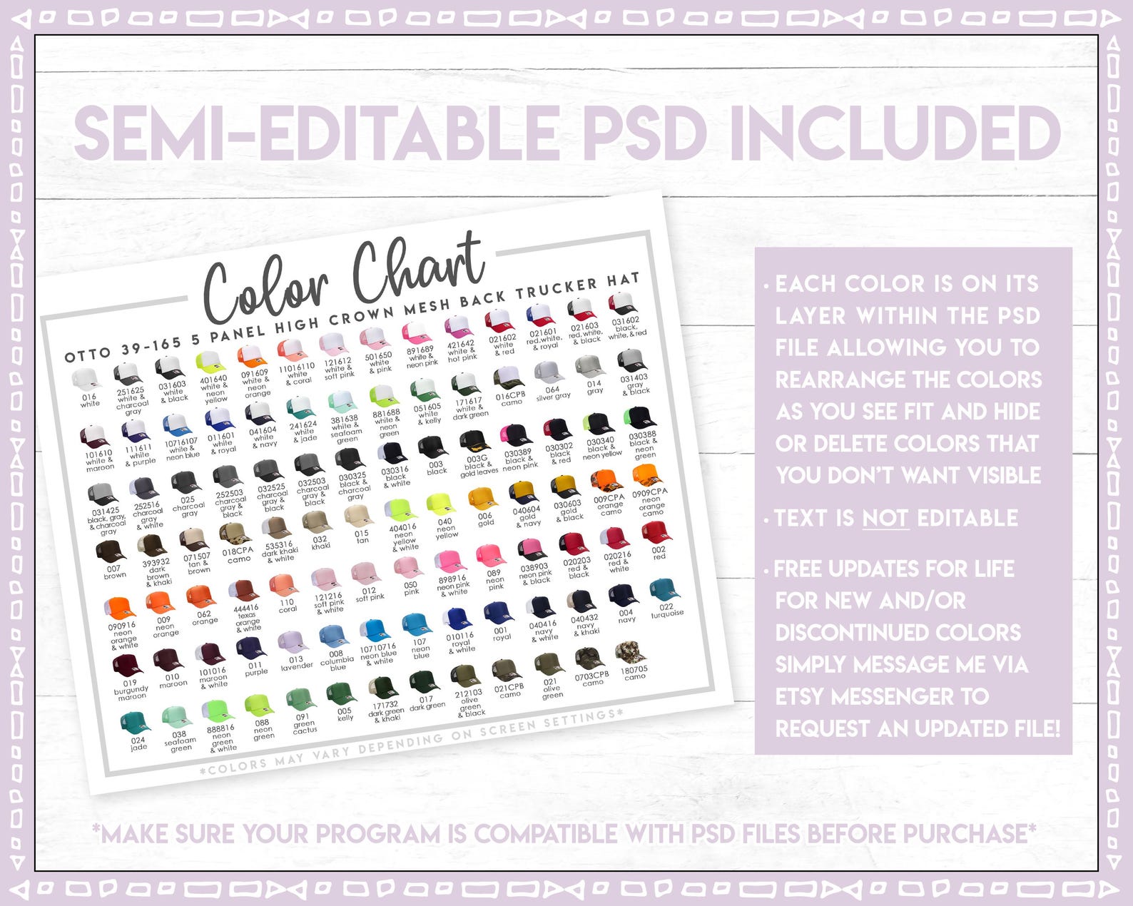 Semi-editable Otto 39-165 Color Chart • Otto 5 Panel High Crown Mesh ...