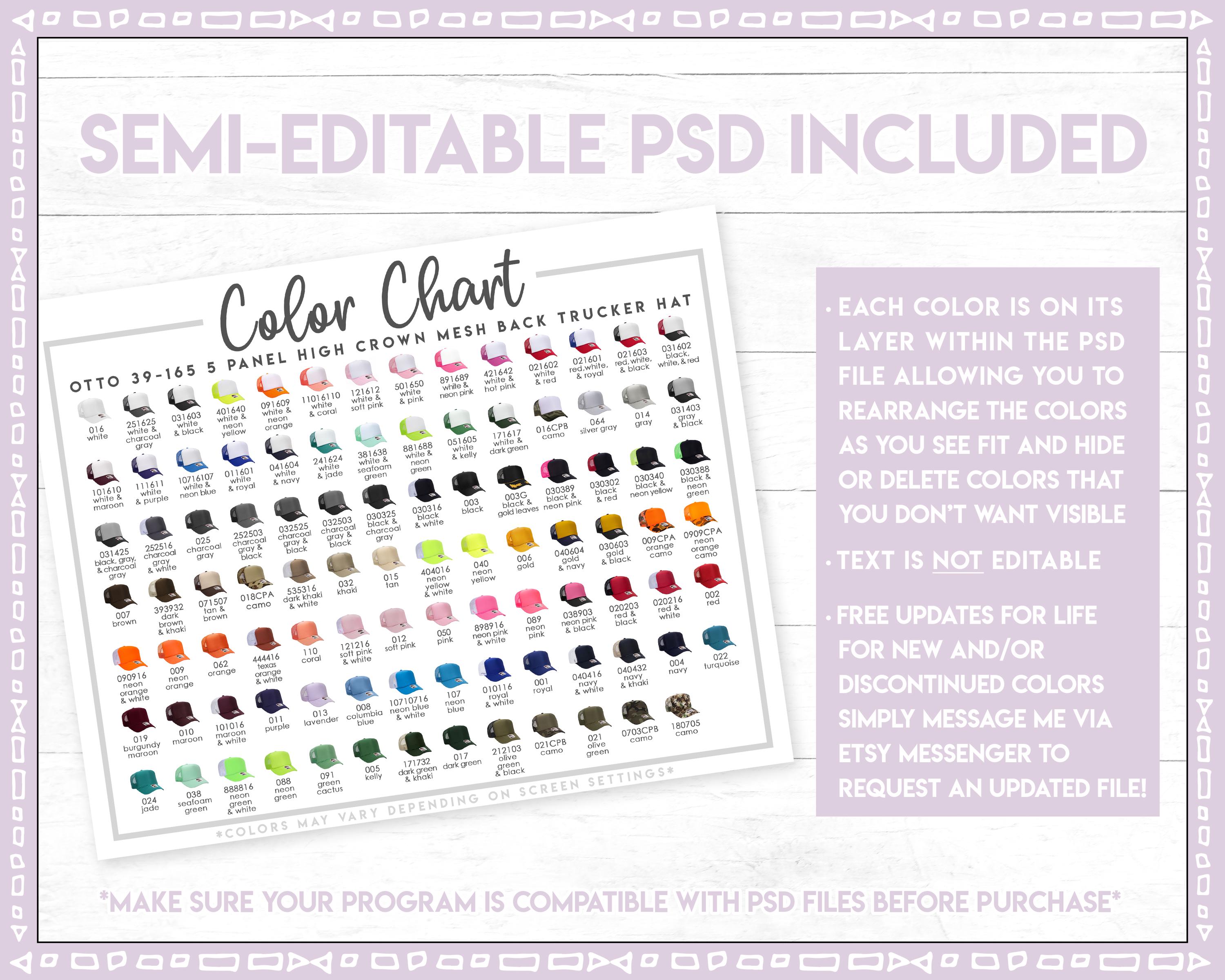 Semi-editable Otto 39-165 Color Chart • Otto 5 Panel High Crown Mesh ...