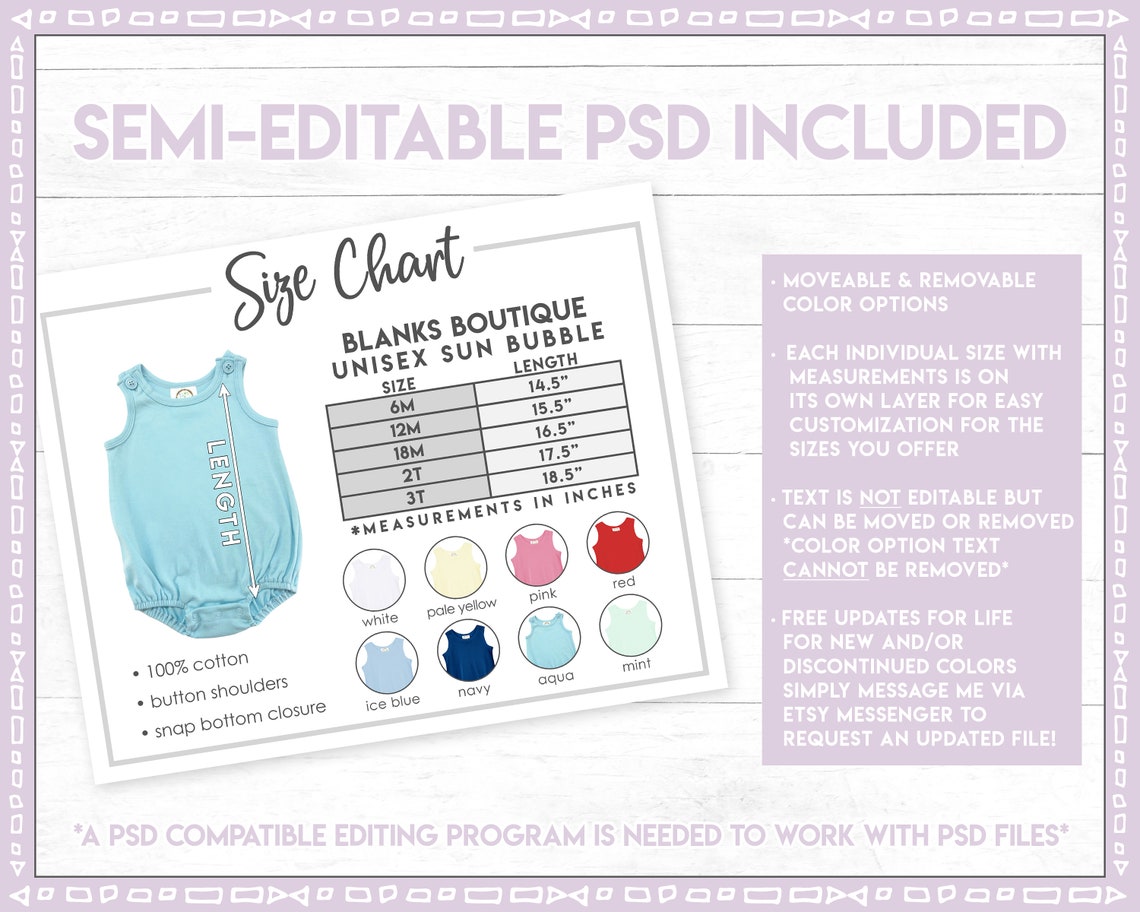 Semi-editable Blanks Boutique Unisex Sun Bubble Size + Color Chart ...