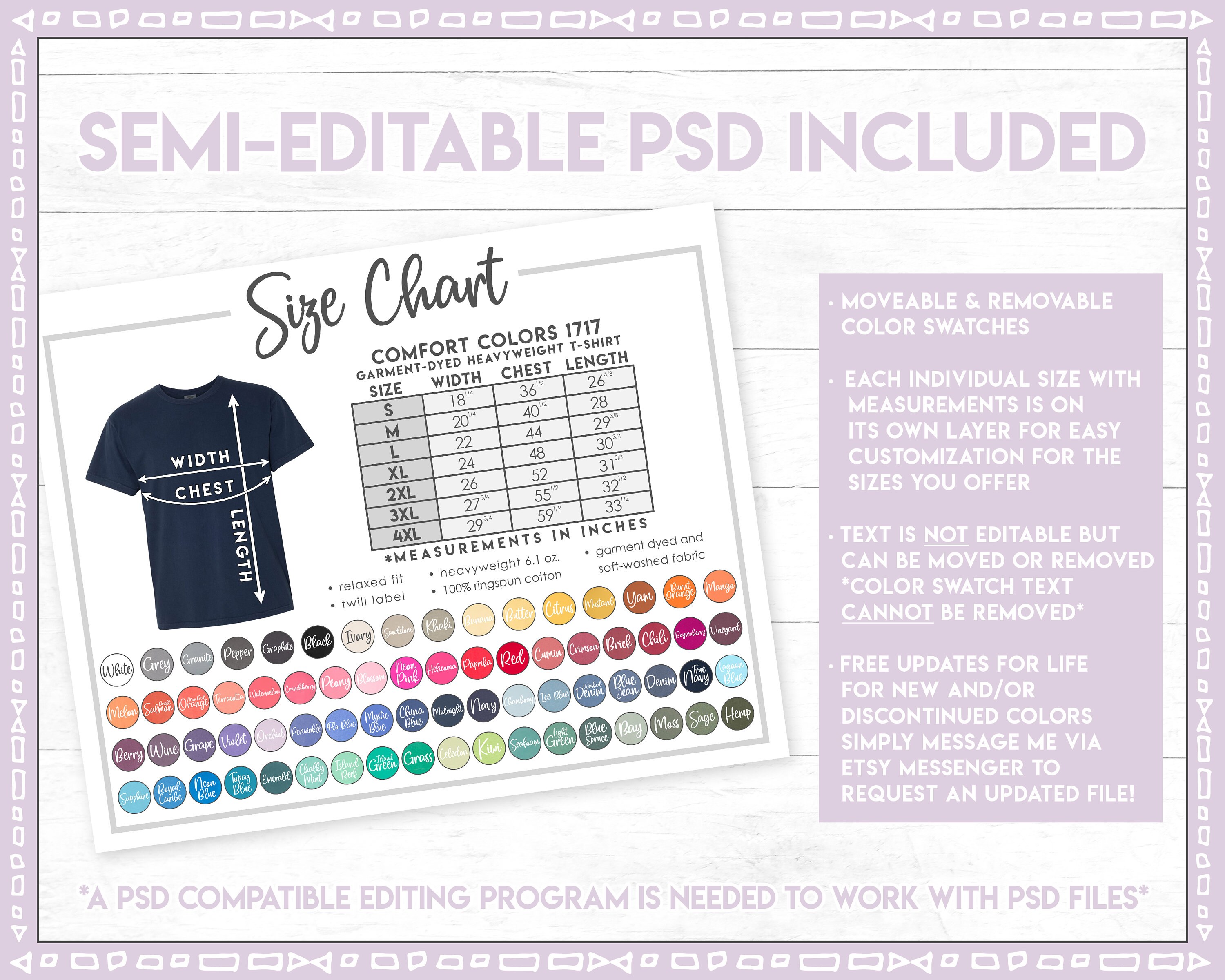 Semi-editable Comfort Colors 1717 Size Color Chart Comfort - Etsy