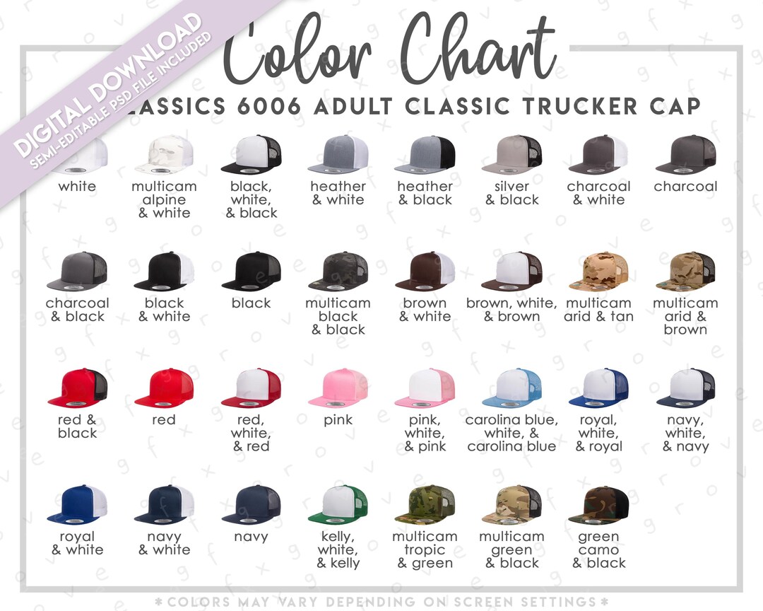 Semi-editable YP Classics 6006 Color Chart • YP Classic Trucker Cap ...