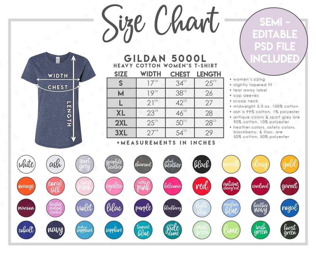 Semi-editable G500L Size Chart Color Chart Heavy Cotton Women's T-shirt ...