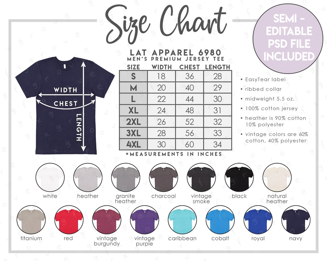 Semi-editable LAT Apparel 6980 Size Color Chart LAT | Etsy