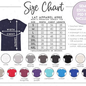 Semi-editable LAT Apparel 6980 Size + Color Chart • LAT Apparel Men's ...