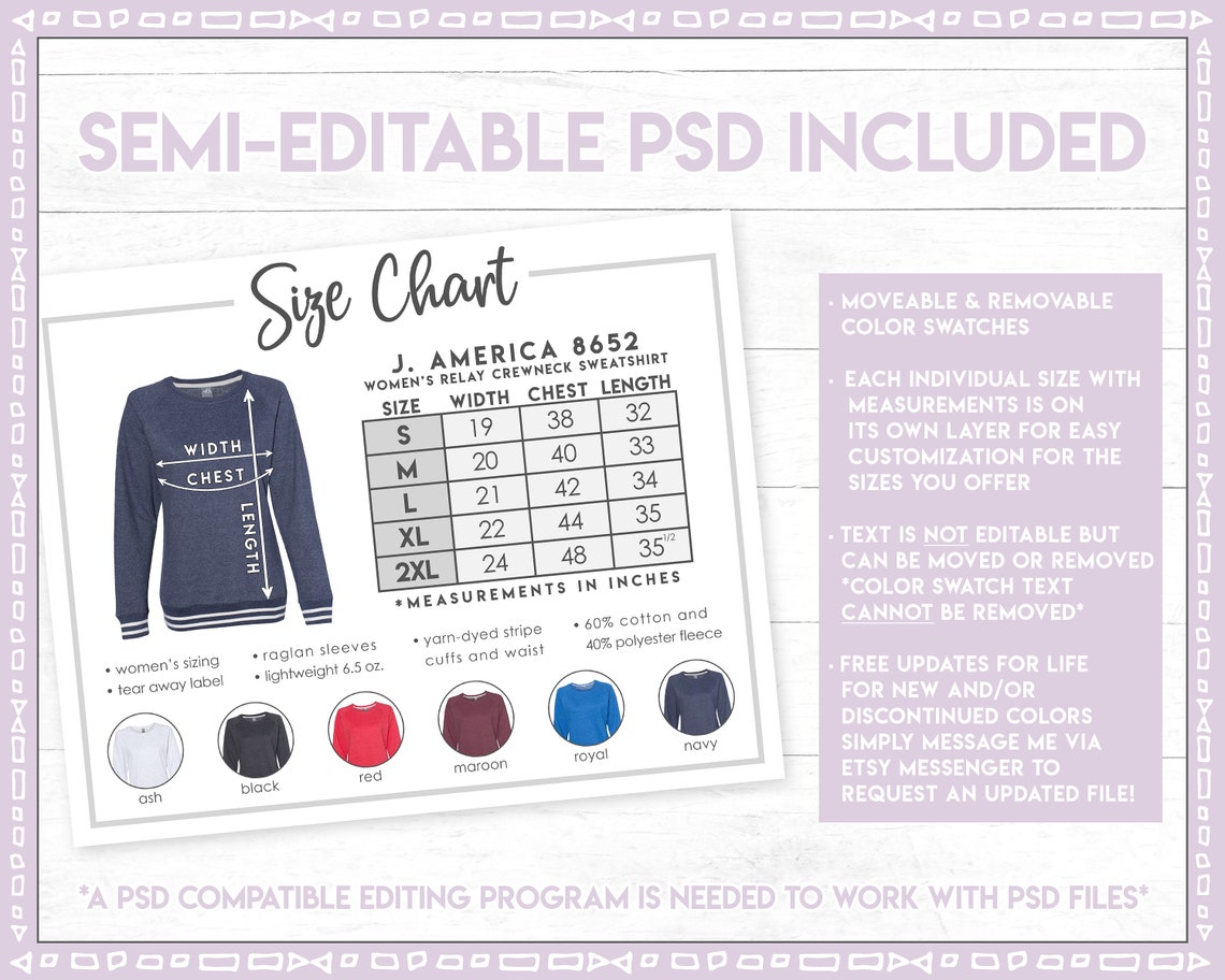 Semi-editable J. America 8652 Size Chart Color Chart | Etsy