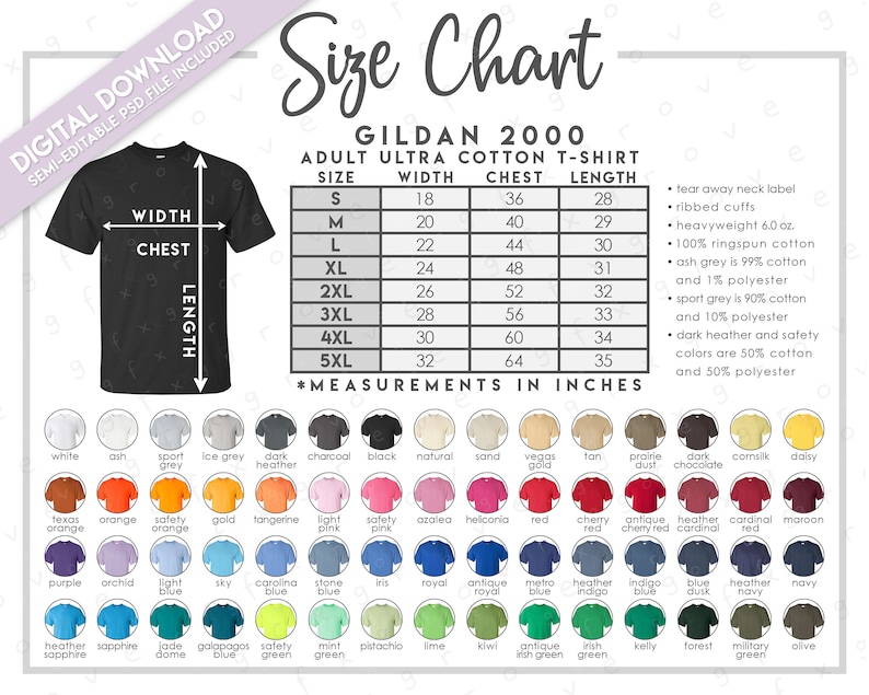 Semi-editable Gildan 2000 Size Chart + Color Chart • Gildan Ultra ...