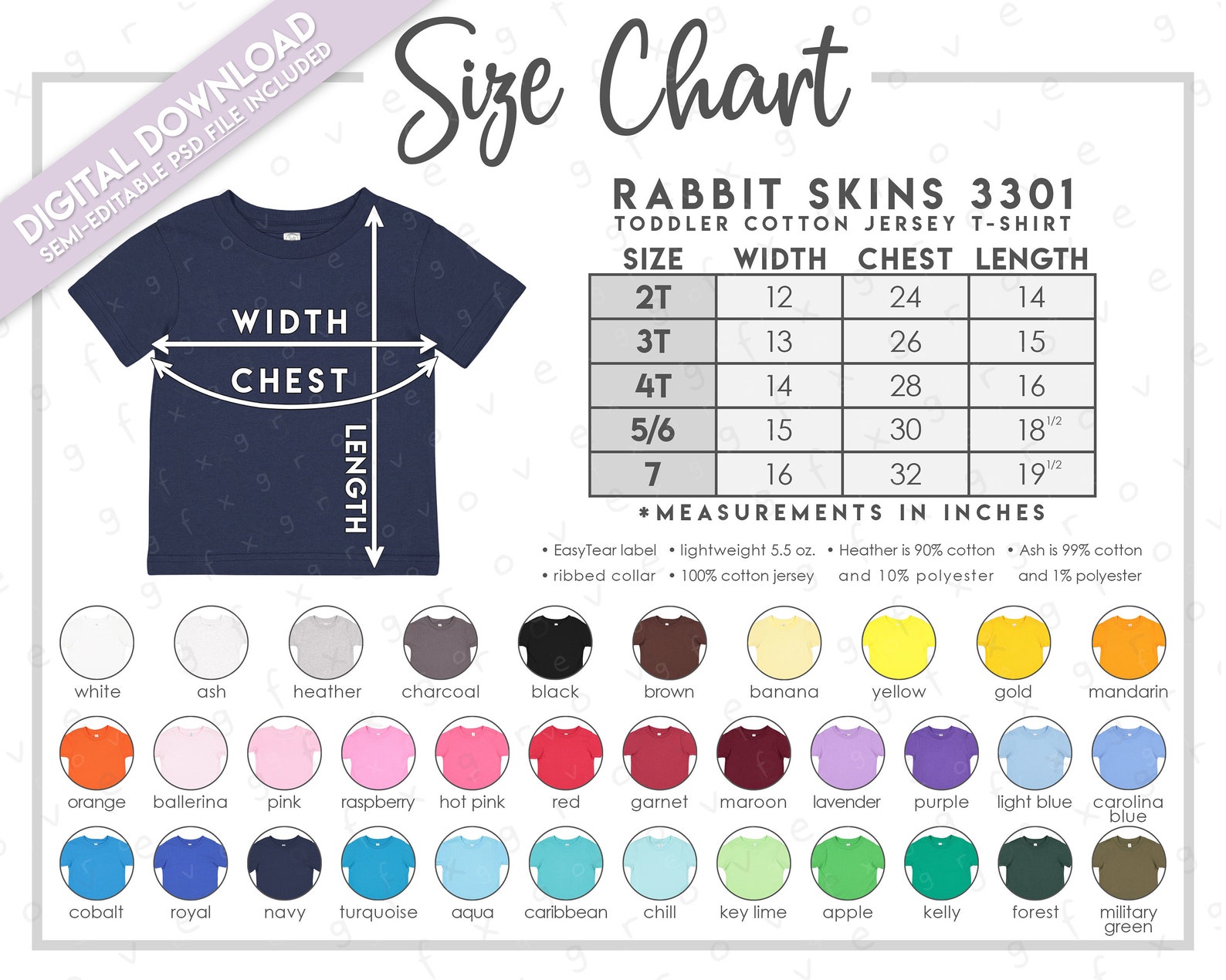 Semi-editable Rabbit Skins 3301 Size Color Chart Rabbit - Etsy