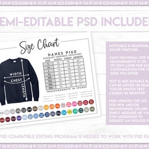 Semi-editable Hanes P160 Size Chart Color Chart Ecosmart Crewneck ...