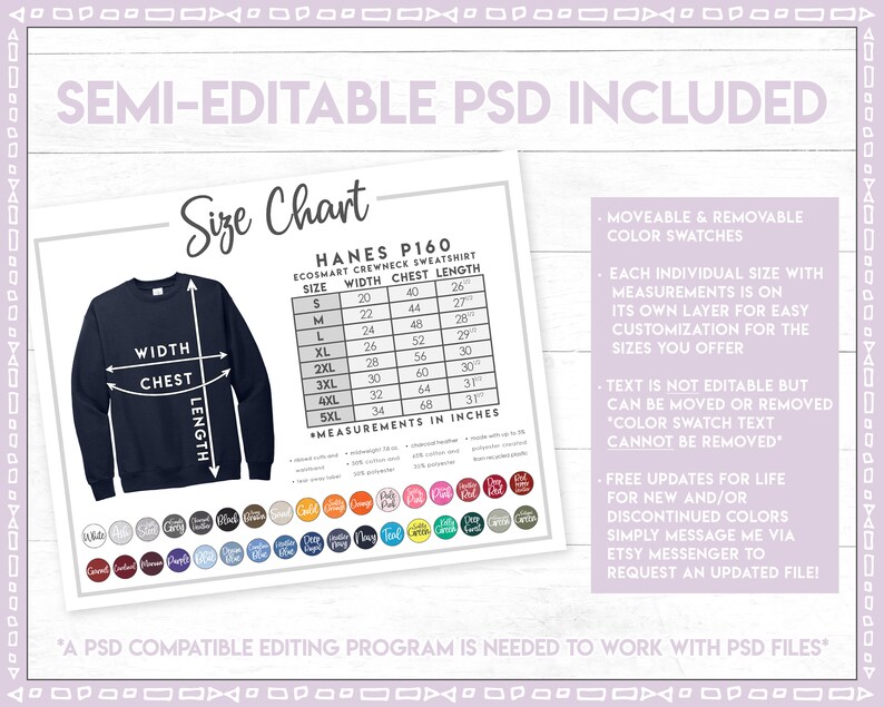 Semi-editable Hanes P160 Size Chart Color Chart Ecosmart - Etsy