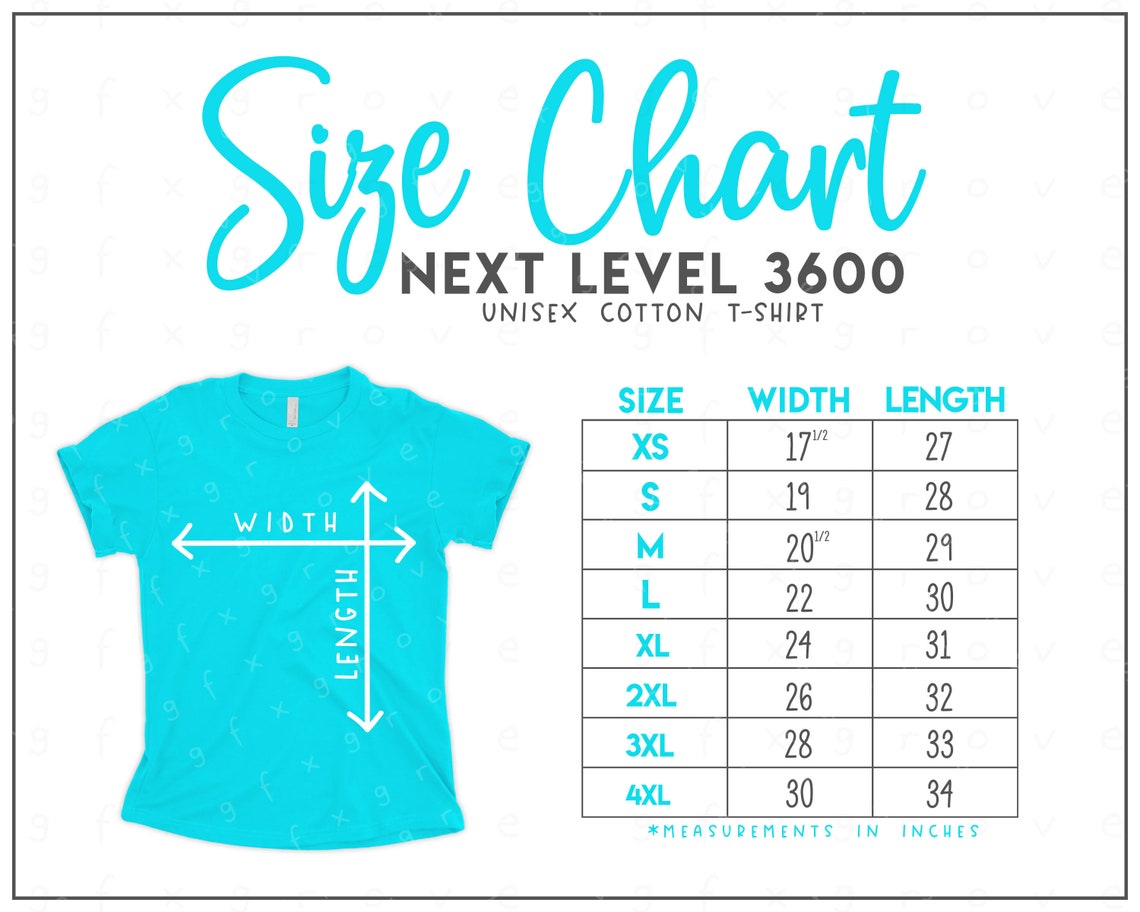 Next Level 3600 Size Chart - Next Level Unisex Cotton T-shirt Size ...