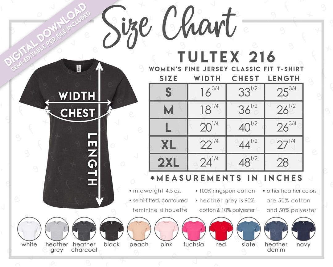 Semi-editable Tultex 216 Size + Color Chart • Tultex Women's Fine ...
