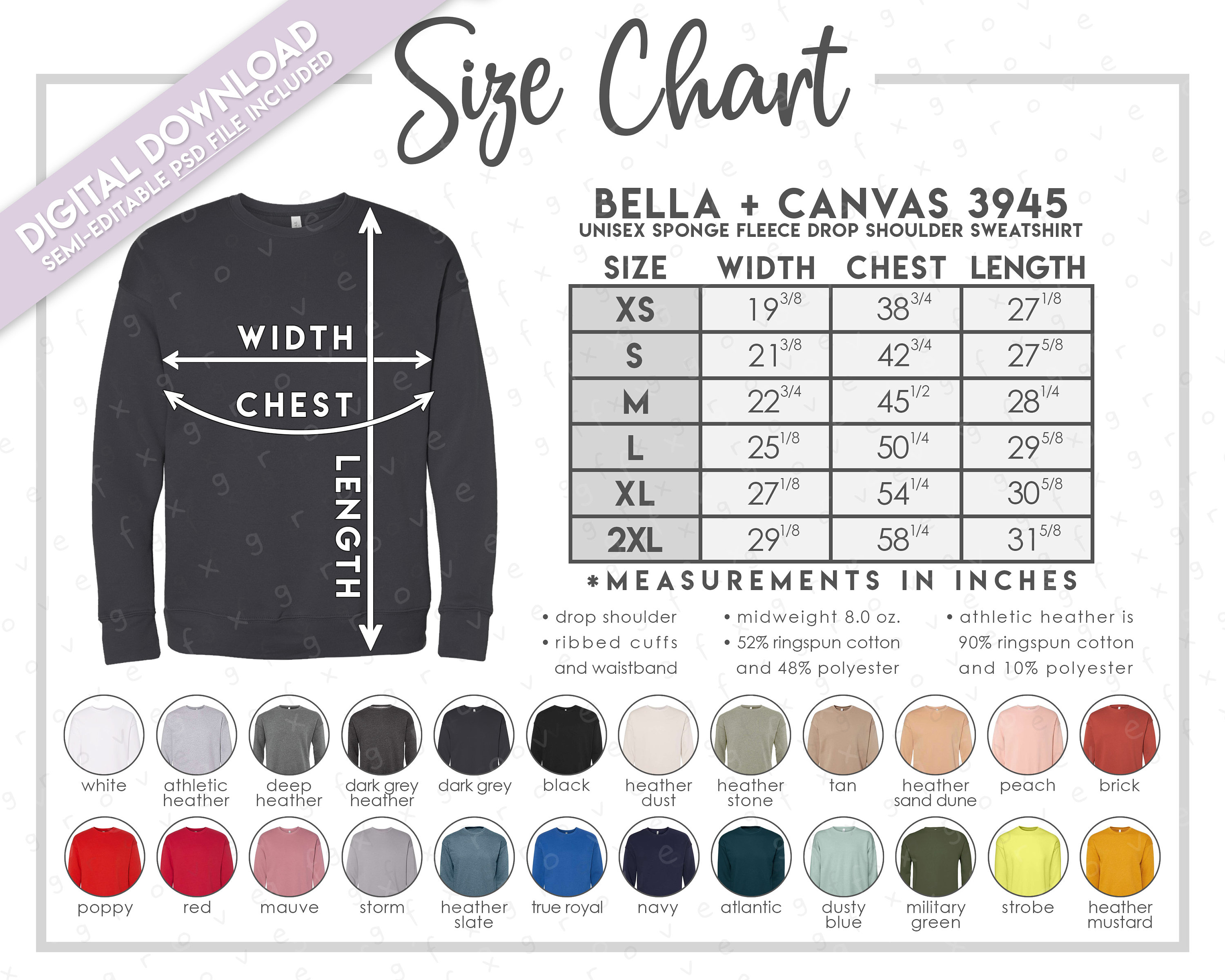 Semi-editable Bella + Canvas 3945 Size + Color Chart • Bella Canvas ...