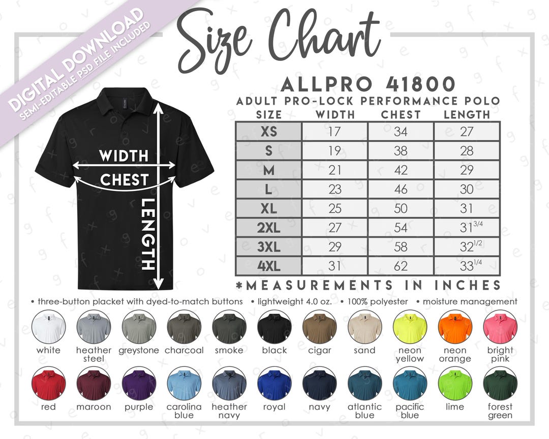 Semi-editable Allpro 41800 Size + Color Chart • Allpro Pro-lock ...