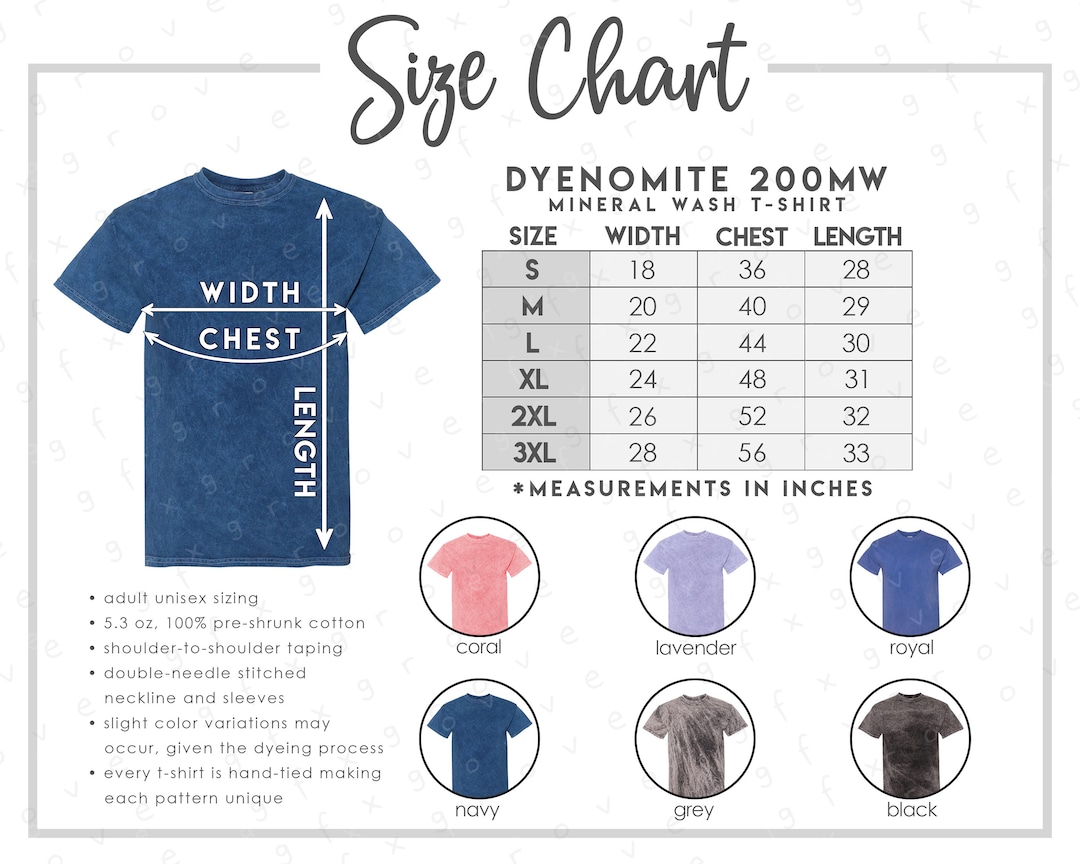 Dyenomite 200MW Size + Color Chart • Dyenomite Mineral Wash T-shirt ...