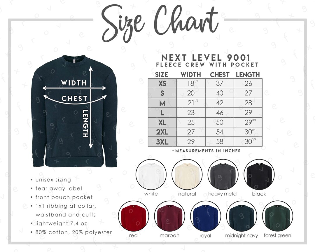 Next Level 9001 Size + Color Chart • Next Level Fleece Crew With Pocket ...