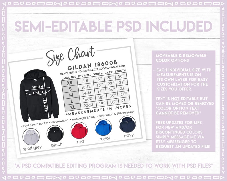 Semi-editable Gildan 18600B Size Chart + Color Chart • Gildan Youth ...