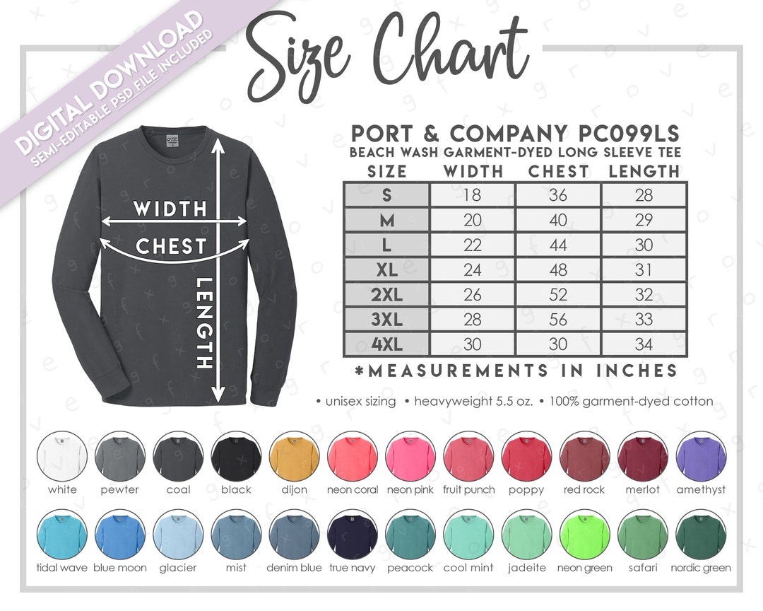 Semi-editable Port & Company PC099LS Size + Color Chart • Beach Wash ...