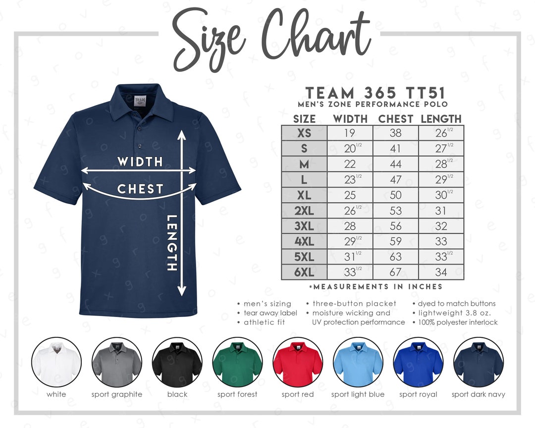 Team 365 TT51 Size + Color Chart • Team 365 Men's Zone Performance Polo ...