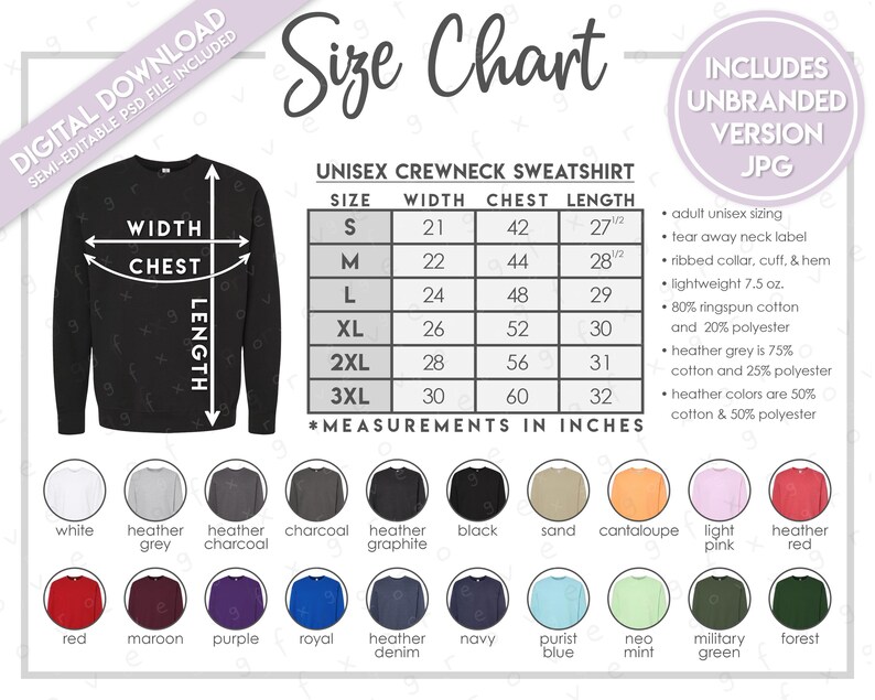 Semi-editable Tultex 340 Size + Color Chart • Tultex Unisex Fleece ...