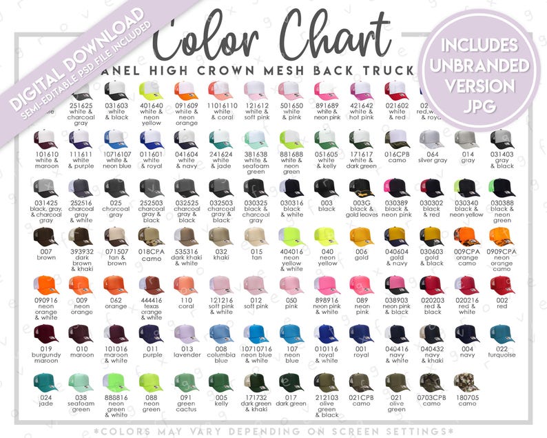 Semi-editable Otto 39-165 Color Chart • Otto 5 Panel High Crown Mesh ...