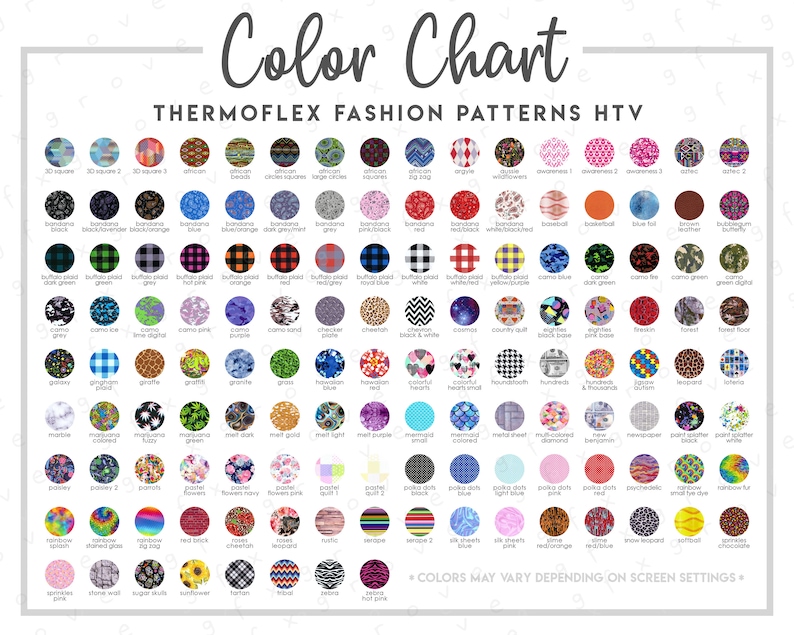 Thermoflex Patterns HTV Color Chart • 2 Charts Included • Semi-editable ...