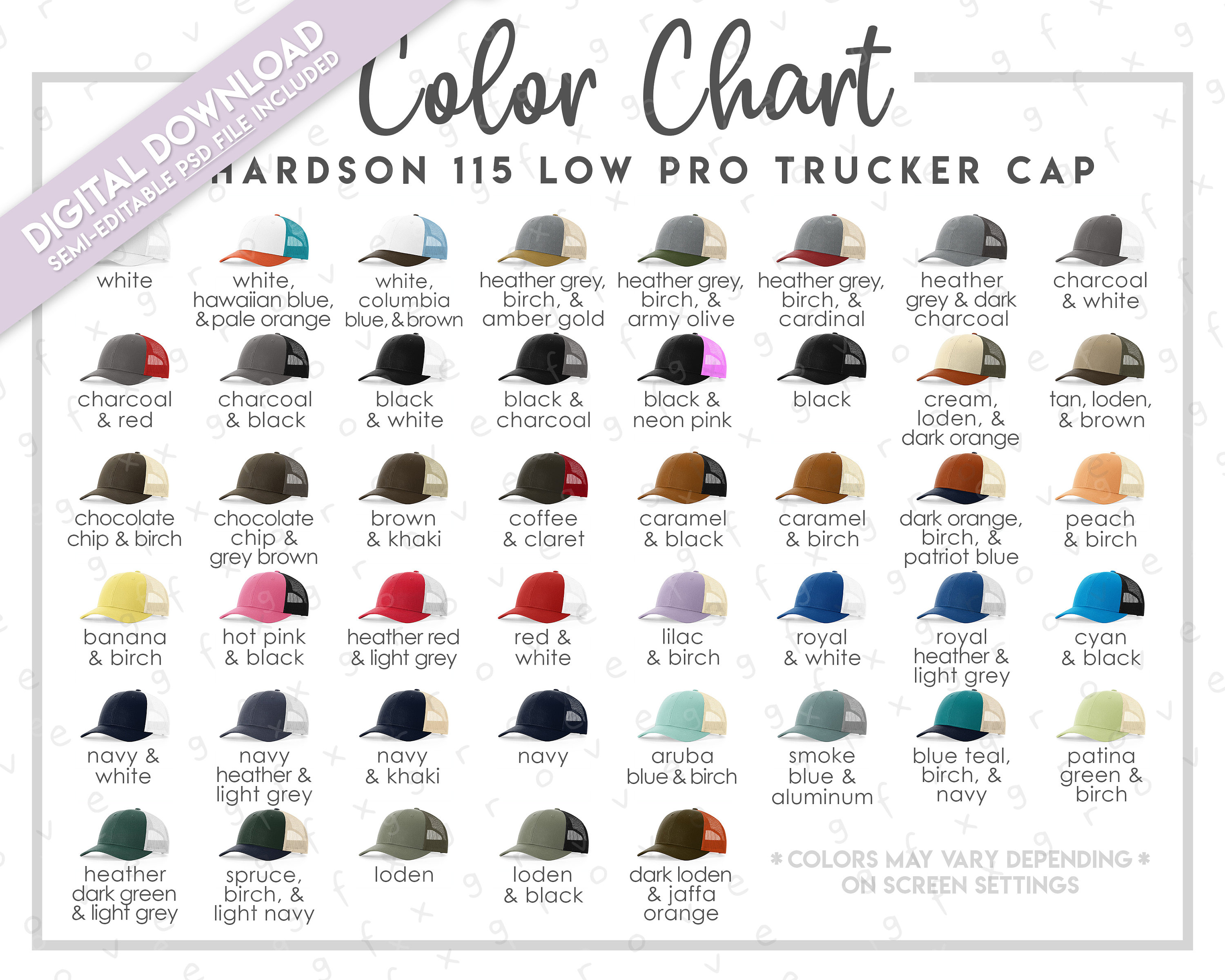 Semi-editable Richardson 115 Color Chart • Richardson Low Pro Trucker ...