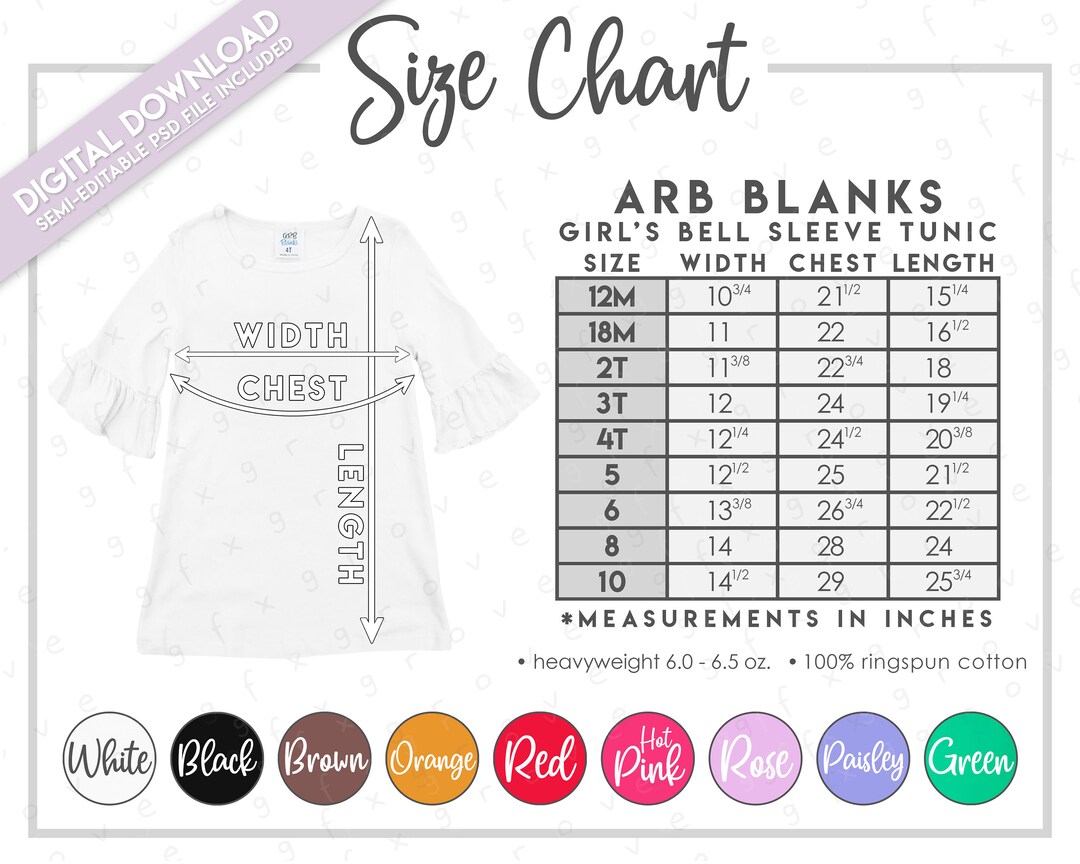 Semi-editable ARB Blanks Girl's Bell Sleeve Tunic Size + Color Chart ...