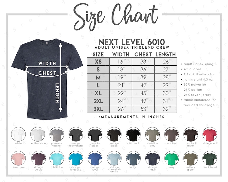Next Level 6010 Size + Color Chart (2 Versions Included With & Without ...