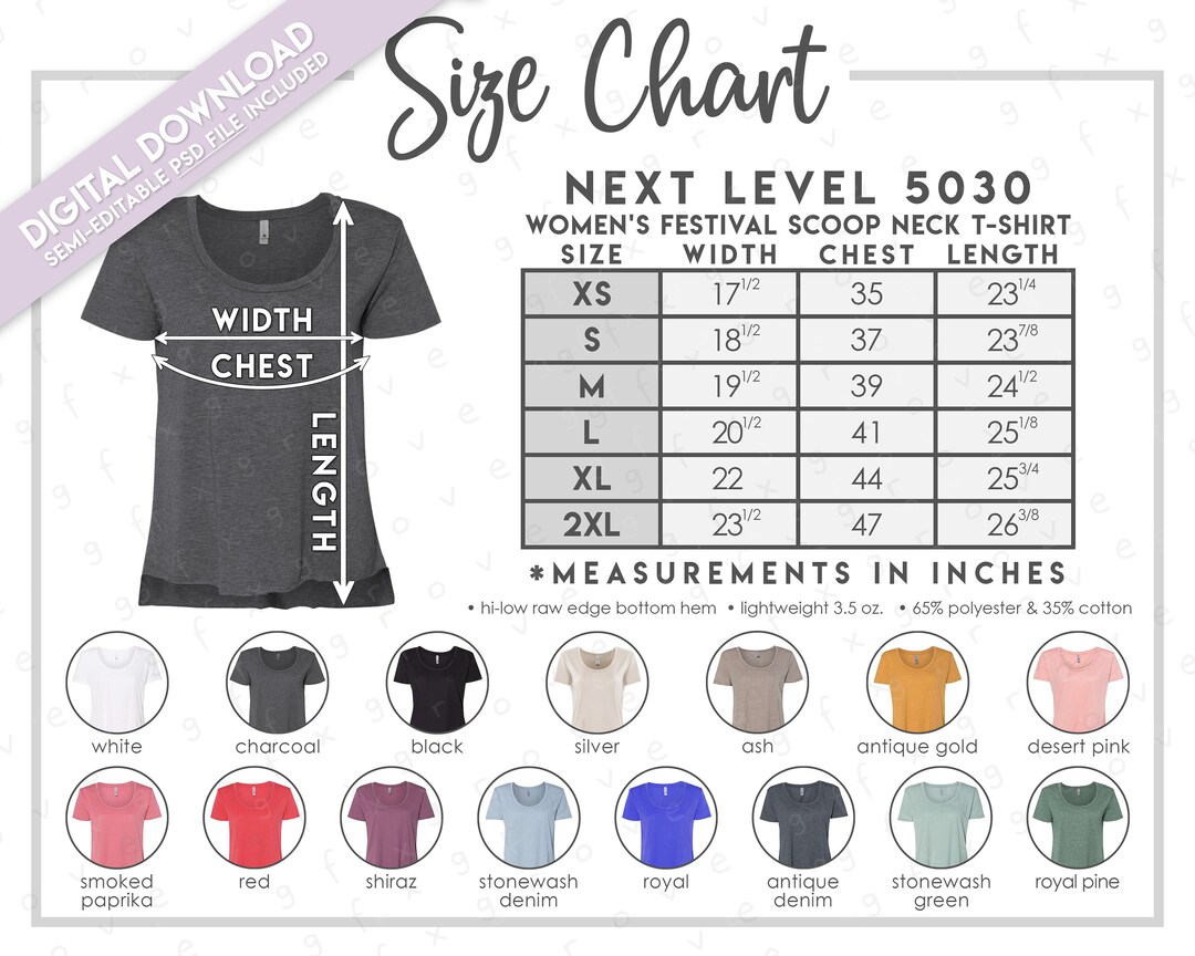 Semi-editable Next Level 5030 Size + Color Chart • Next Level Women's ...