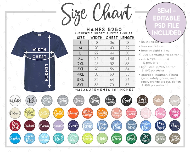 Semi-editable Hanes 5250 Size Chart + Color Chart • Authentic-t Short ...