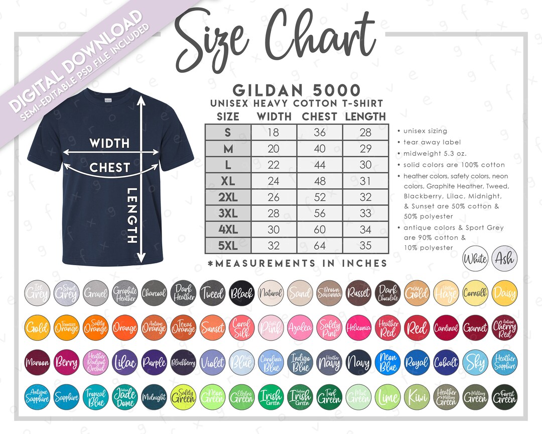 Semi-editable G500 Size Chart Color Chart Heavy Cotton Adult T-shirt ...